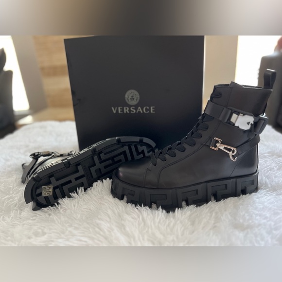 Versace | Shoes | Versace Greca Labyrinth Leather Boots Black 435 ...